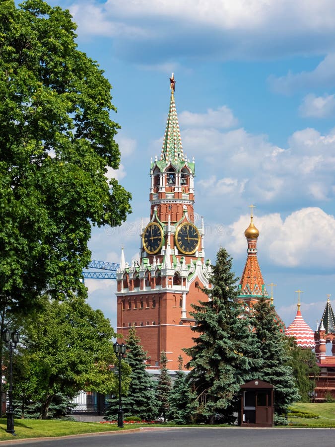 Moscow, Russia - May 22, 2019: Spasskaya Tower of Moscow Kremlin ...