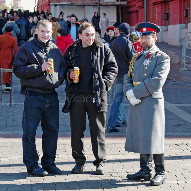 Man in Military Uniform with Friends, Red Square, Moscow, Russia ...
