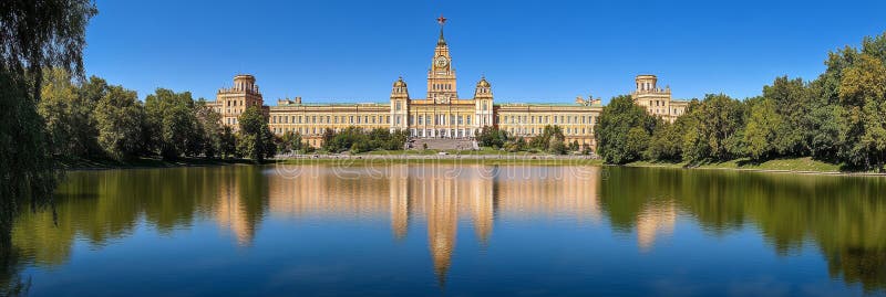 Moscow State University Main Building Reflected in Pond, Clear Sky ...