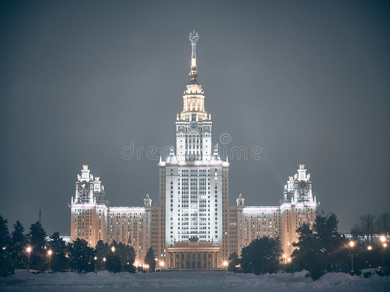 Moscow State University. Main Building in the Wintertime Evening Stock ...