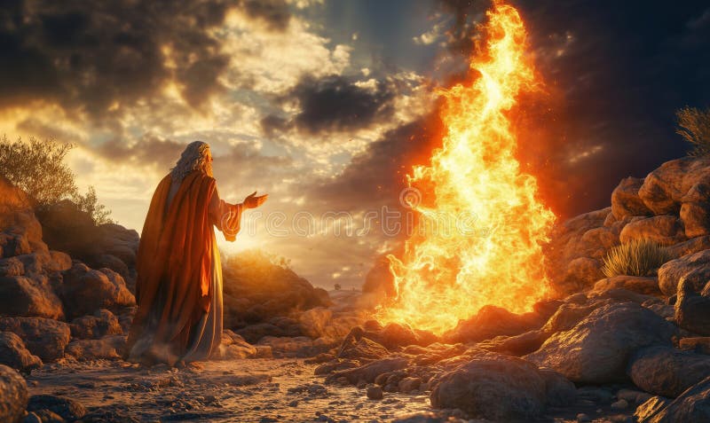 Moses Encountering the Burning Bush in a Dramatic Landscape at Sunset ...