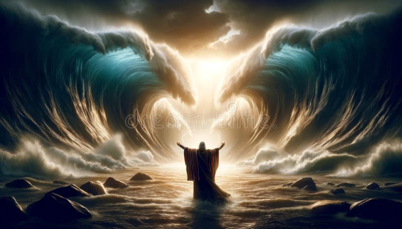 Moses Parting the Red Sea, with Big Waves of Water on Either Side and a ...