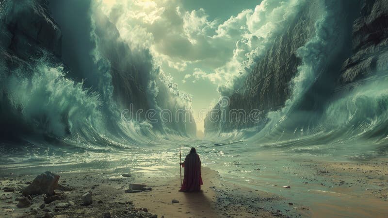 Moses Parting the Red Sea, with Towering Walls of Water on Either Side ...