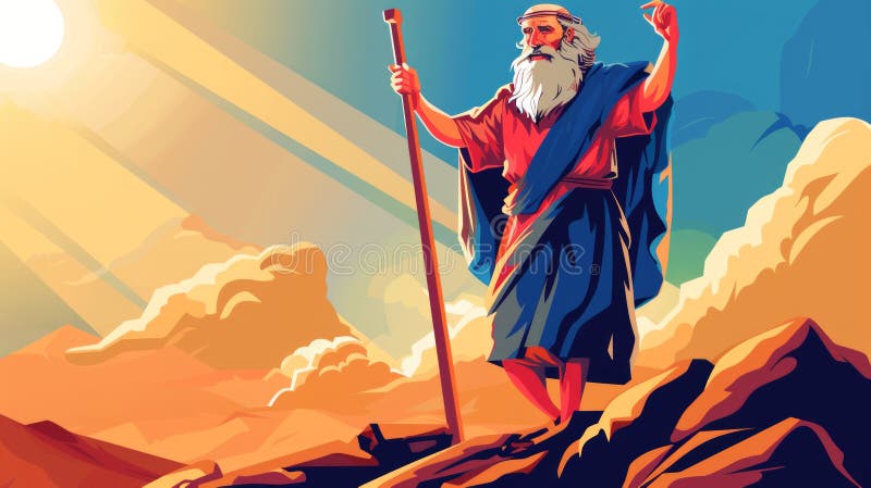 Moses, with a Staff in Hand, Gazes Confidently Over the Horizon while ...