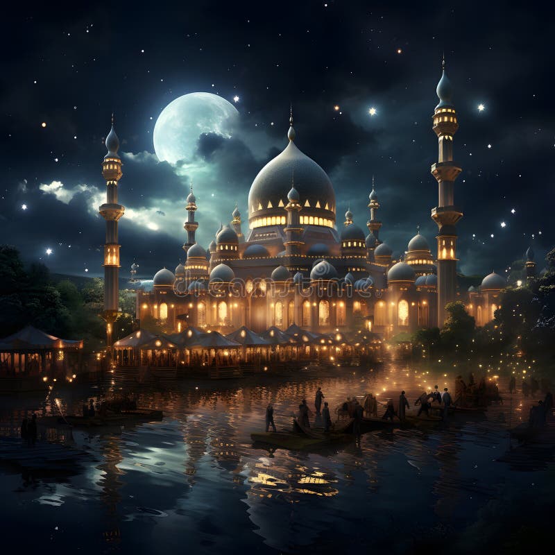 Mosque Adorned with Lights and Decorations during an Eid Night Stock ...