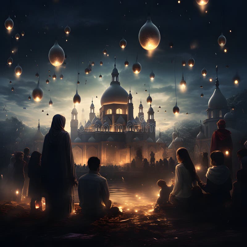 Mosque Adorned with Lights and Decorations during an Eid Night Stock ...