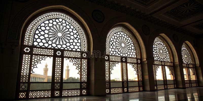 Mosque Arched Windows with Intricate Patterns at Night Stock ...