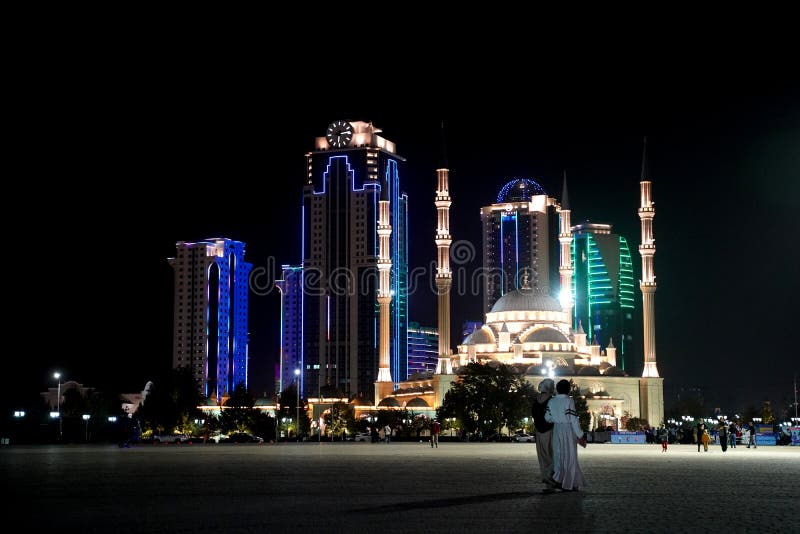 Night View of the Square of the Heart of Chechnya. Stock Image - Image ...