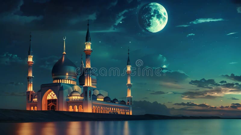 A Mosque Bathed in Moonlight Under a Full Moon in the Night Sky, a ...