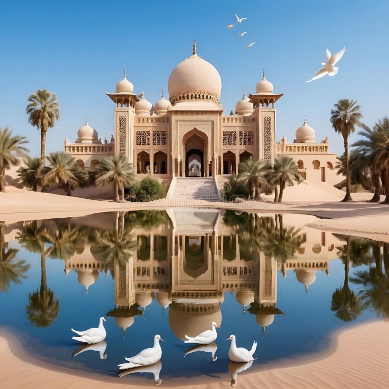 A Mosque with Birds the Water and a Reflection of the Mosque Stock ...