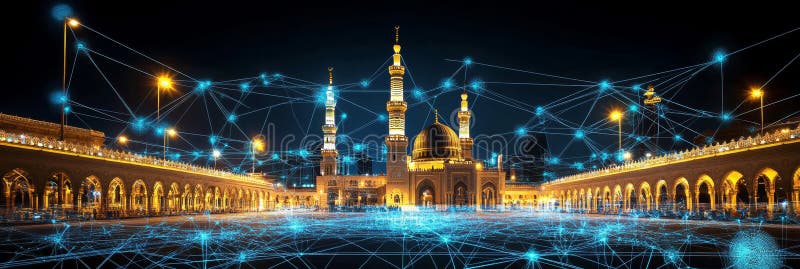 Mosque on Blue Glowing Grid, Network Connections Concept Digital ...