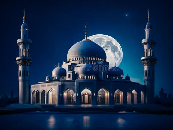 Mosque Building Architecture at Night with Moon Stock Illustration ...