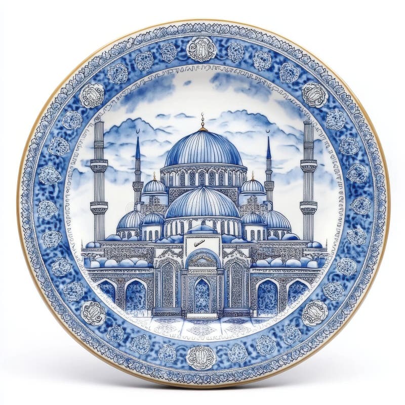 Decorative Plate with Blue Mosque Design on a White Background Stock ...