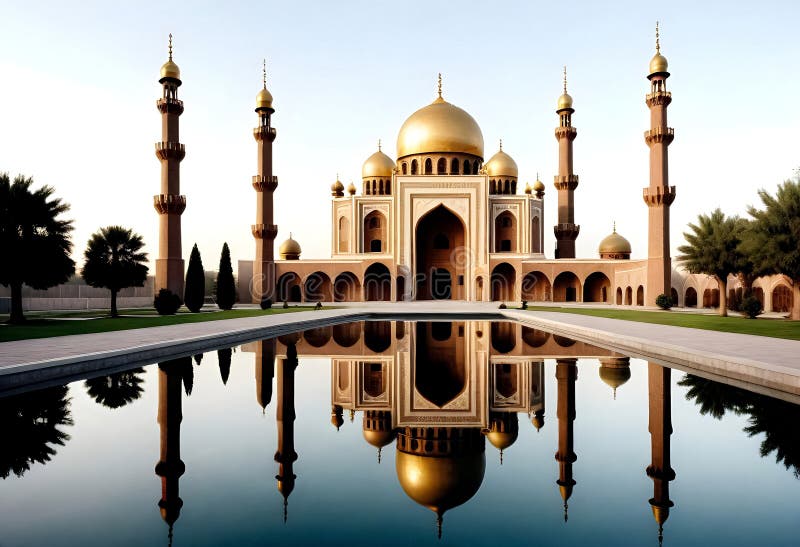 A Mosque on Clear Sky with a Reflection of a Mosque and Sky in the ...