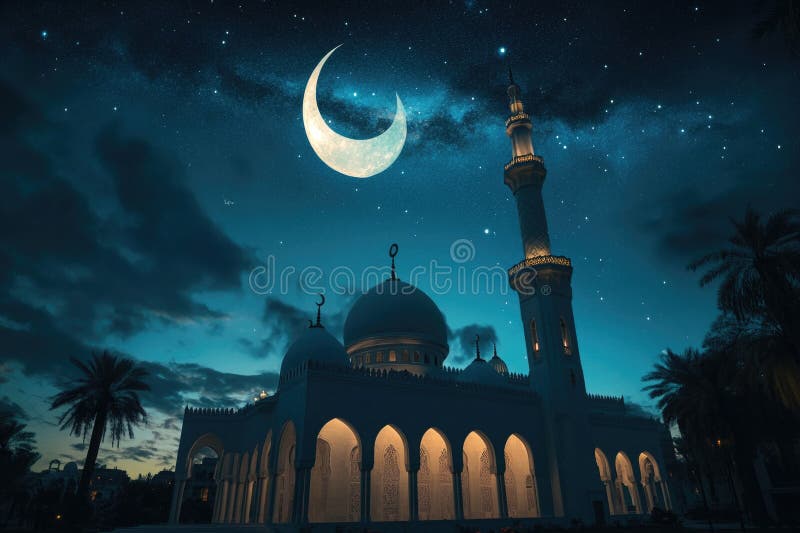 Mosque with crescent moon stock photo. Image of islamic - 373123358