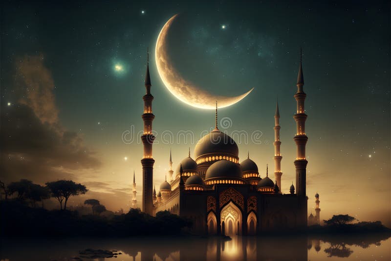 A Mosque with a Crescent Moon and Stars on the Night Sky Stock ...