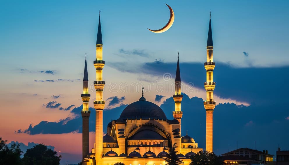 A Mosque with a Crescent and Spires at Dusk, Ramadan Stock Image ...