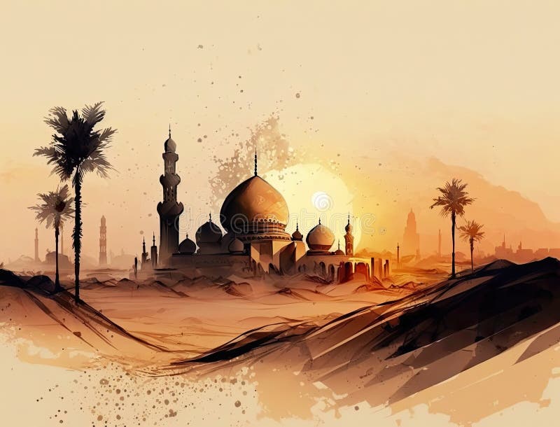 Dreamy Watercolor Painting of a Colorful Mosque Stock Illustration ...