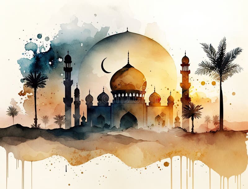 Colorful Watercolor Painting of Mosque at Night Stock Illustration ...