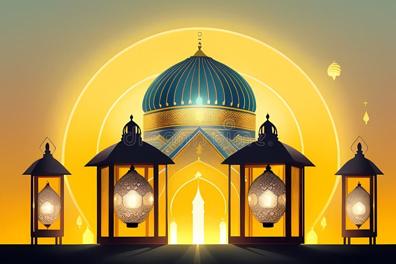 A Mosque Dome with Glowing Bright Lights Lanterns, Stylized and ...