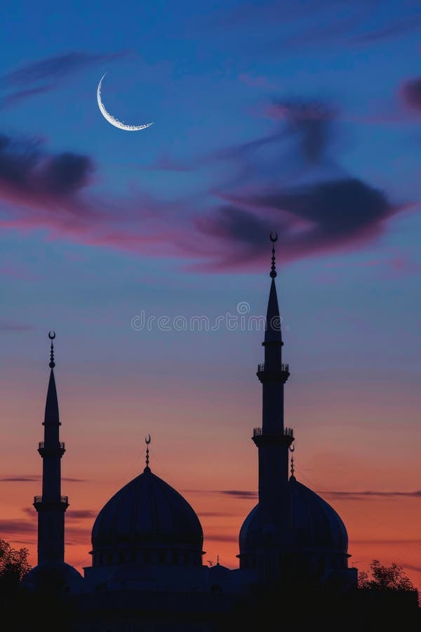 Mosque at Sunset with Full Moon Stock Image - Image of worship, evening ...