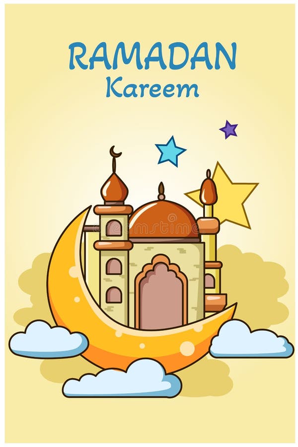Mosque on Gold Moon at Ramadan Kareem Cartoon Illustration Stock Vector ...