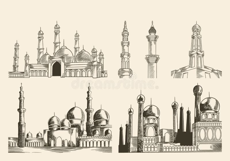 Mosque Hand Drawn Set Vintage Style. Hand Drawing Mosque Sketch Drawing ... Mosque Hand Drawn Set Vintage Style. Hand Drawing Mosque Sketch Drawing ...