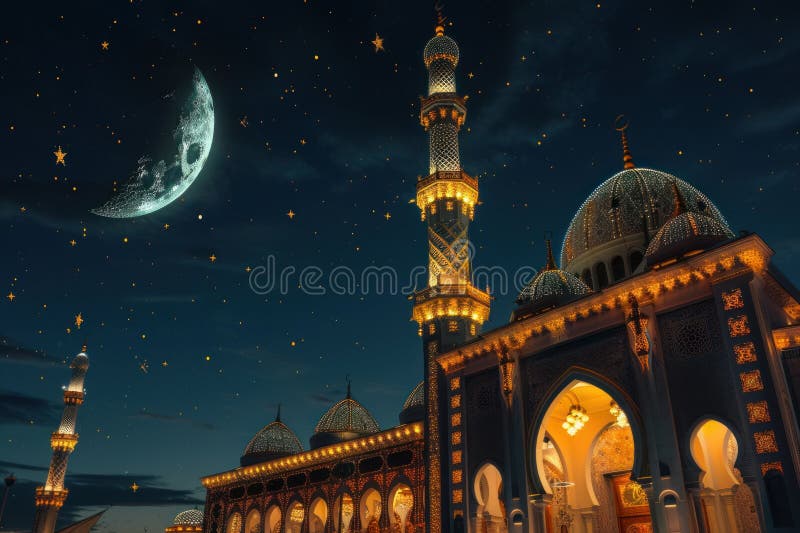 A Mosque Illuminated by Lights Under a Starry Sky with a Large Crescent ...