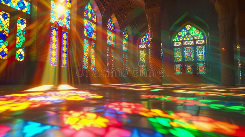 Mosque Interior Illuminated by Sunlight through Ornate Windows Stock ...