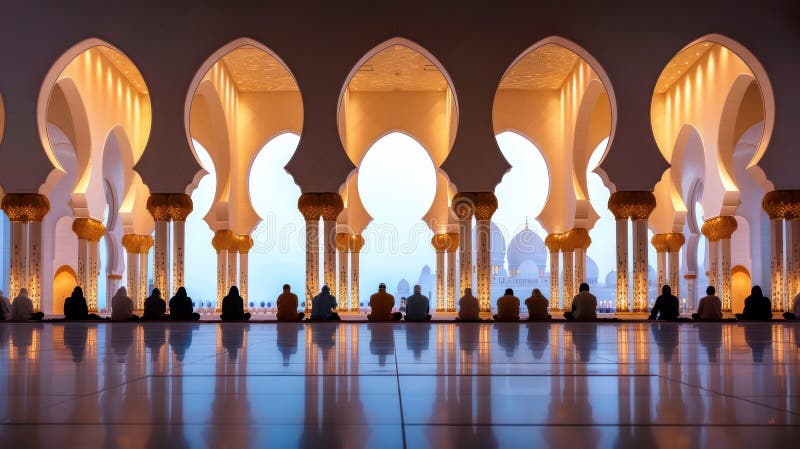 A Mosque Interior with Rows of Worshippers Performing Stock ...