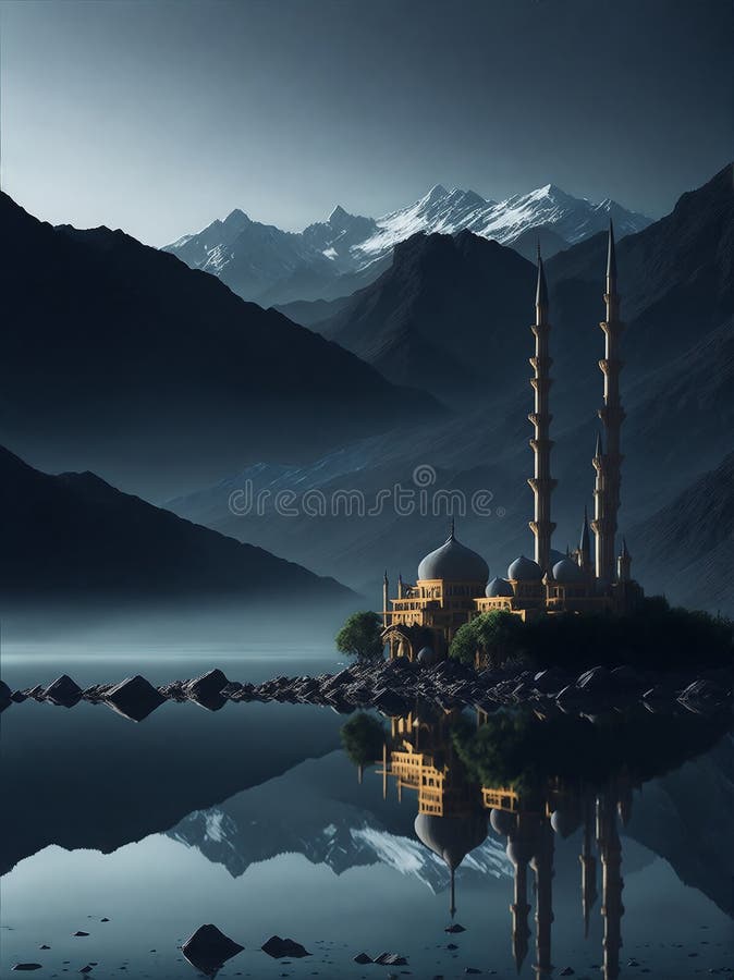 Mosque, Lake and Mountains, Beautiful Landscape Stock Illustration ...