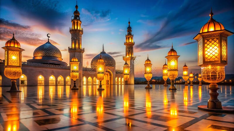 Mosque with Lanterns at Night Stock Illustration - Illustration of ...