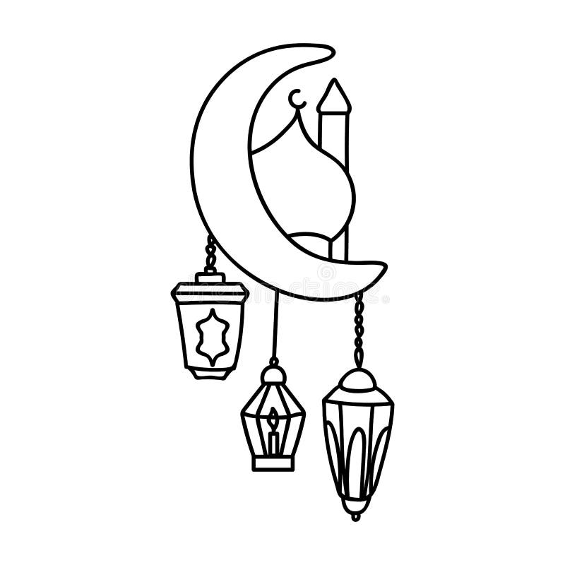 Mosque in the Moon and Lanterns. Vector Illustration in Doodle Style ...