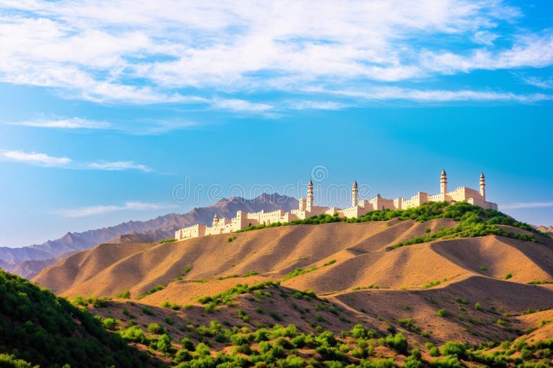 A mosque in the mountains. stock illustration. Illustration of building ...