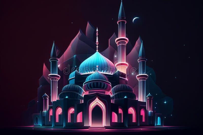Mosque with Neon Lights Generative Ai Stock Illustration - Illustration ...