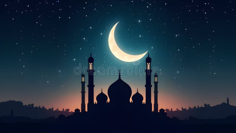 Mosque Silhouette at Night with Crescent Moon. Concept of Ramadan, Eid ...