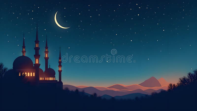 Mosque at Night with Crescent Moon and Stars. Ramadan Kareem Concept ...