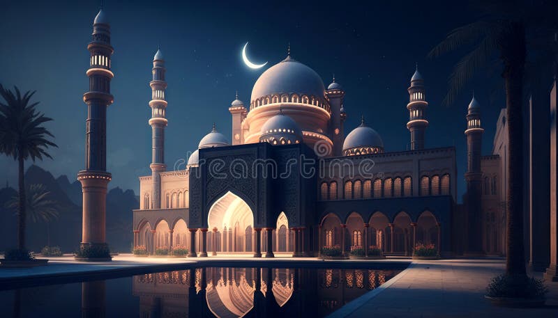 Mosque at Night with Glowing Lights. Eastern Architecture Concept ...