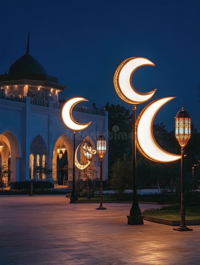 Mosque at Night with Illuminated Crescent Moon Lights Stock Image ...