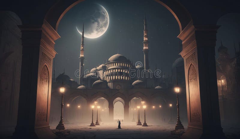 View of Mosque Mosque in Night Mosque at Night Stock Illustration ...