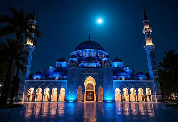 A Mosque at Night with the Lights on Stock Image - Image of ...