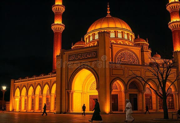 A Mosque at Night with the Lights on Stock Photo - Image of calm, glow ...