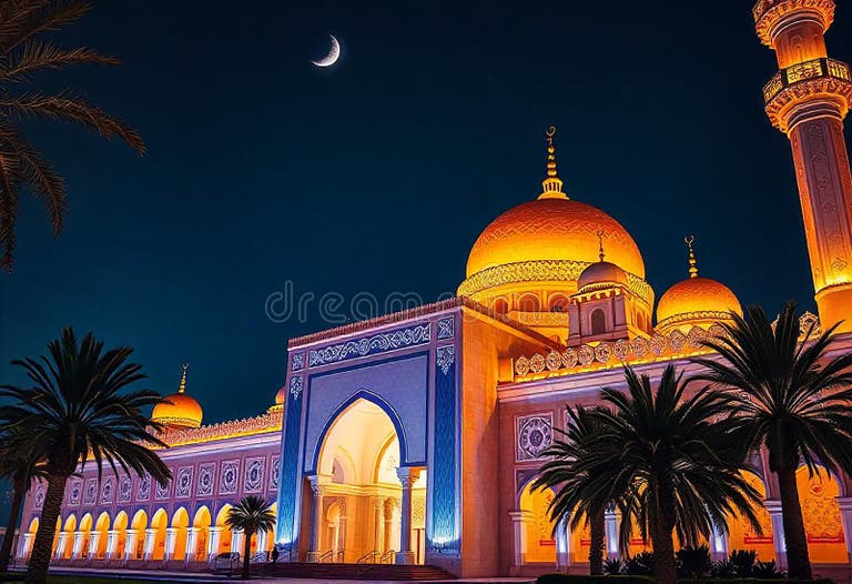 A Mosque at Night with the Lights on Stock Photo - Image of ...