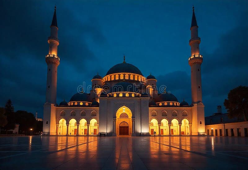 A Mosque at Night with the Lights on Stock Photo - Image of detailed ...