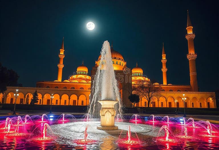 A Mosque at Night with the Lights on Stock Image - Image of cultural ...