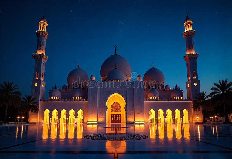 A Mosque at Night with the Lights on Stock Image - Image of inspiring ...