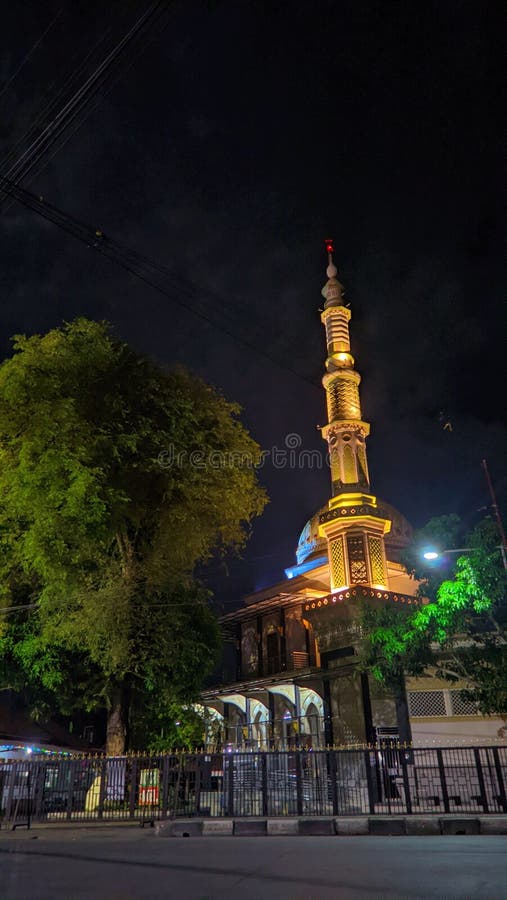 This Mosque at Night Looks Very Beautiful with Its Lights Stock Image ...