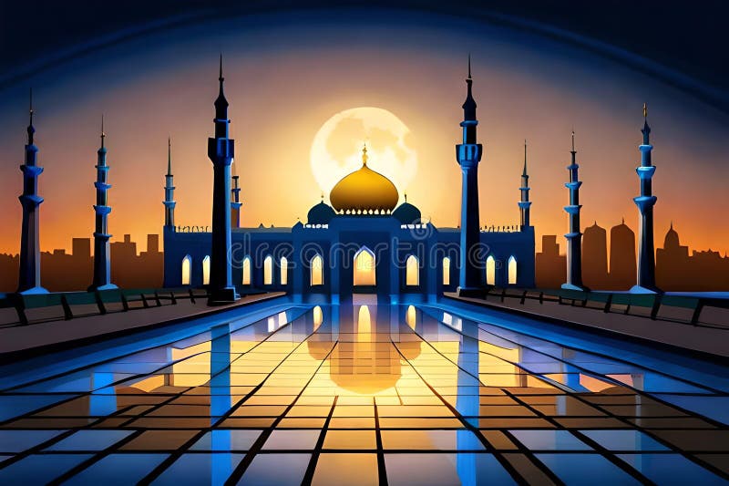 Mosque at Night with Moon. Blue Orange Colors. Ai Generated Stock ...