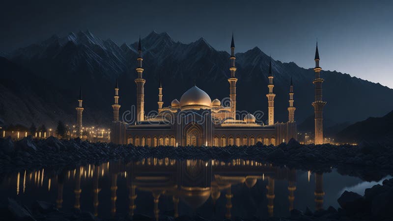 A Mosque with a Reflection in the Water. Stock Illustration ...