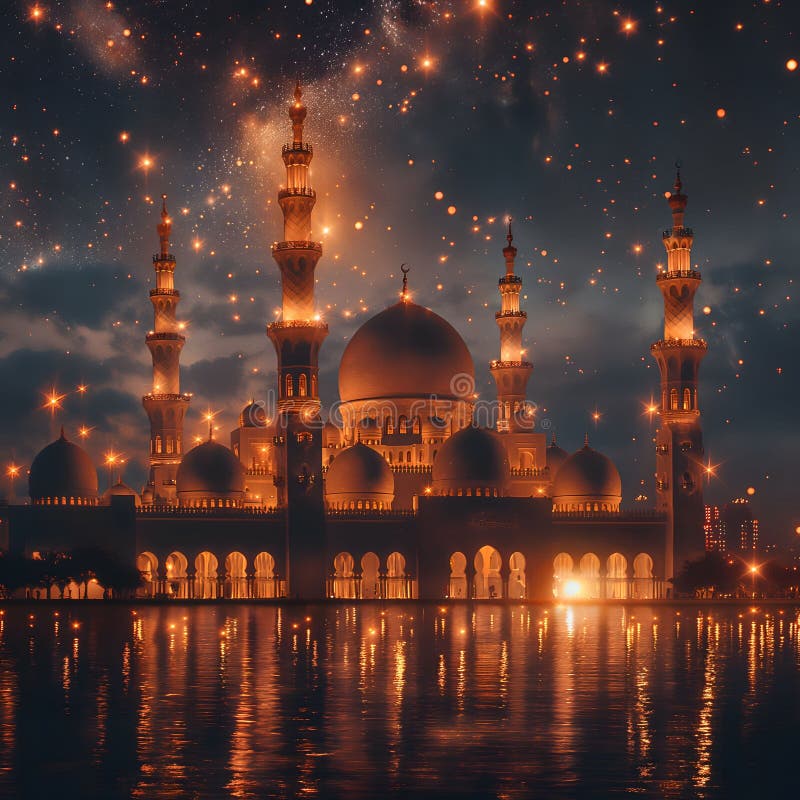 Mosque Reflections Under a Starry Sky Stock Illustration - Illustration ...